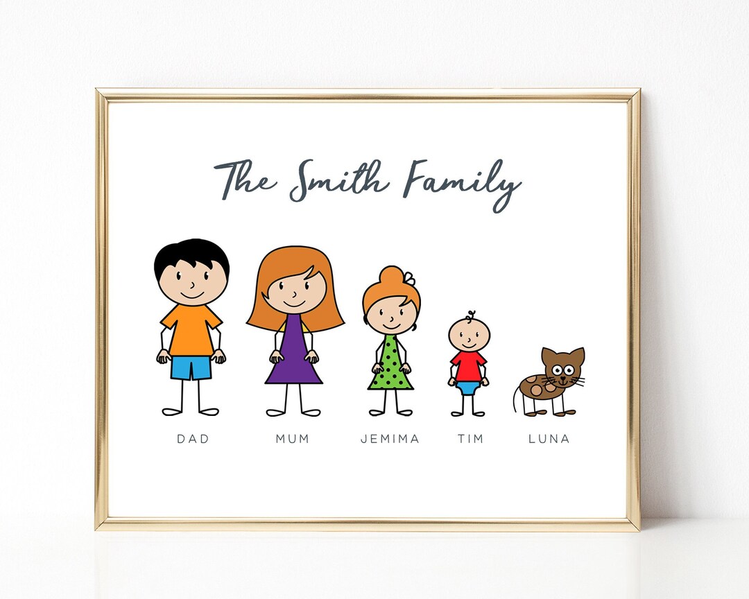 Stick Family Print With Pets, Stick Man Print Custom, Cartoon Family ...