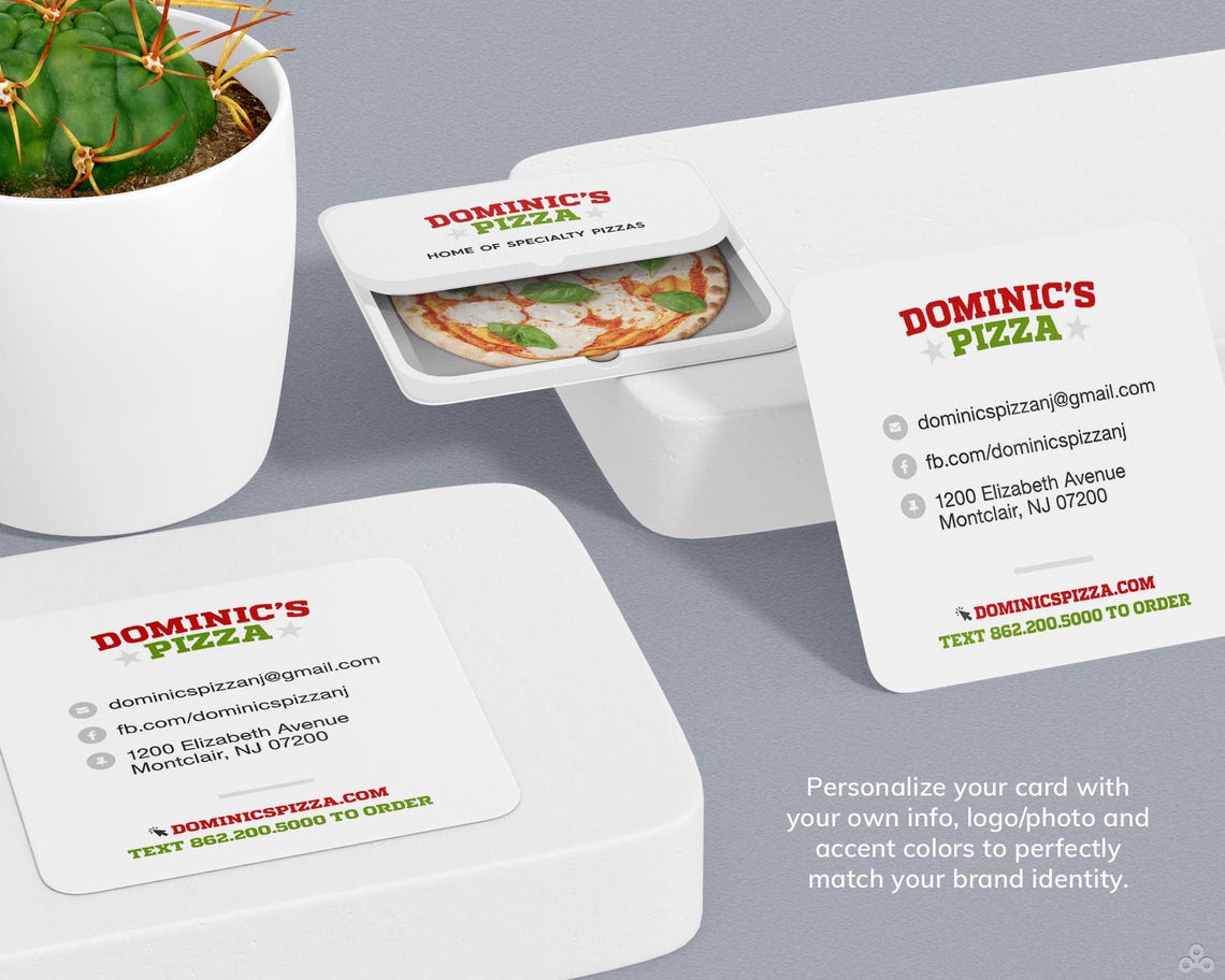 Square Business Cards With White Pizza Box Design Featuring Delicious ...