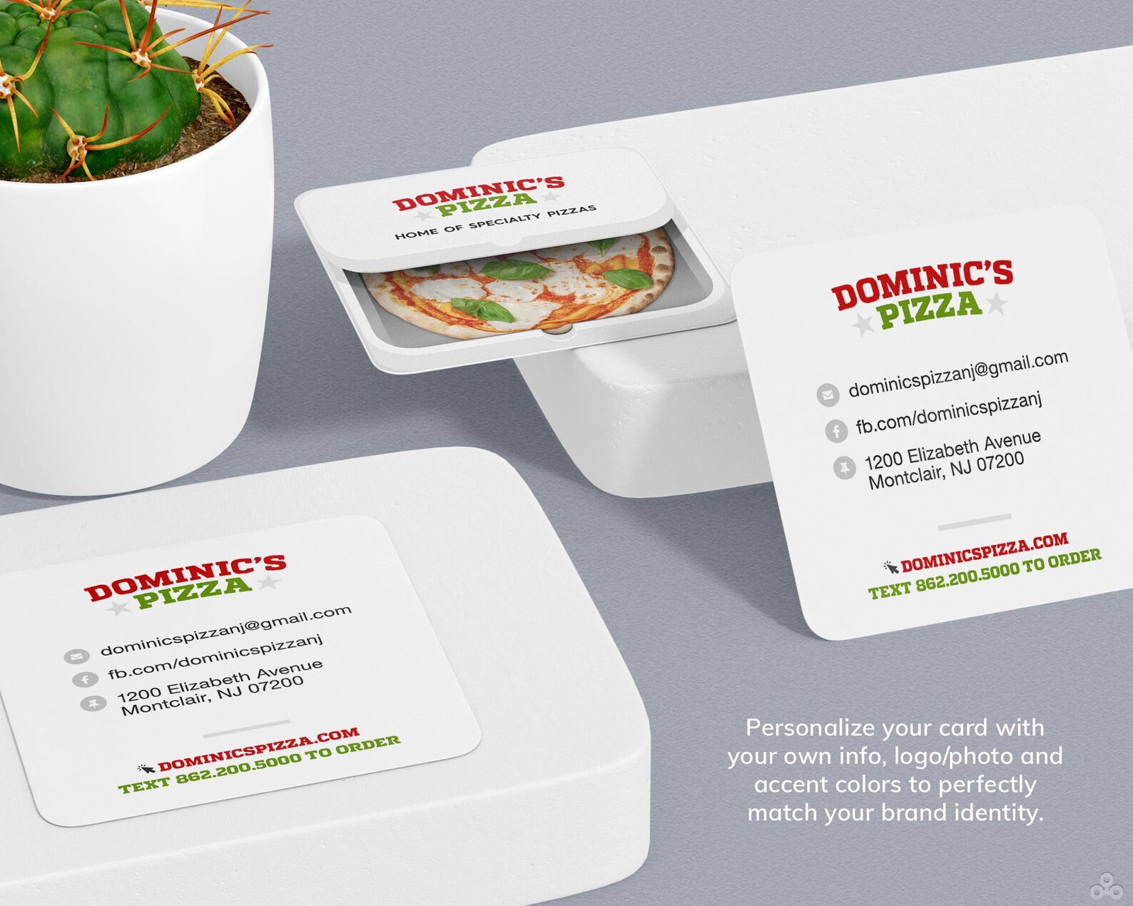 Square Business Cards With White Pizza Box Design Featuring Delicious ...