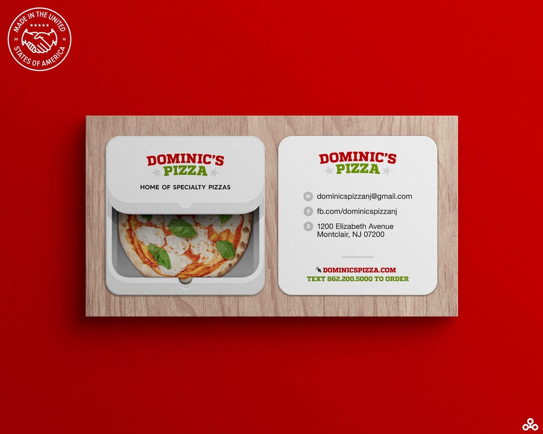 Square Business Cards With White Pizza Box Design Featuring Delicious ...