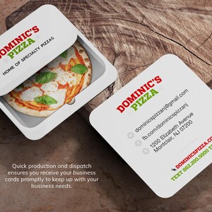 Square Business Cards With White Pizza Box Design Featuring Delicious ...