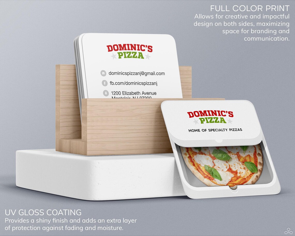 Square Business Cards With White Pizza Box Design Featuring Delicious ...