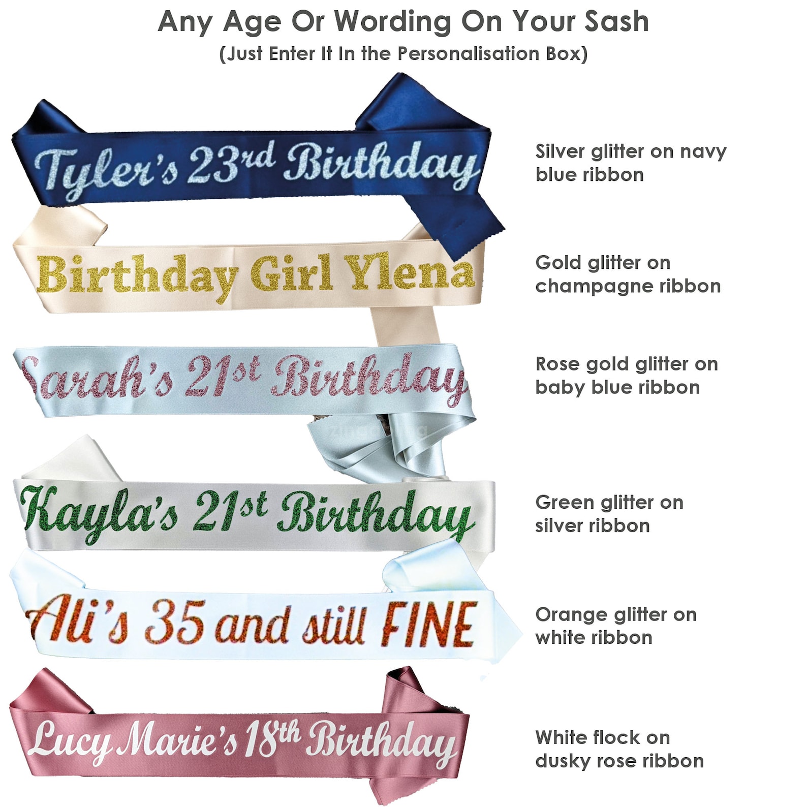Luxury Personalised Birthday Sash, Any Age, Available in Many Colours ...