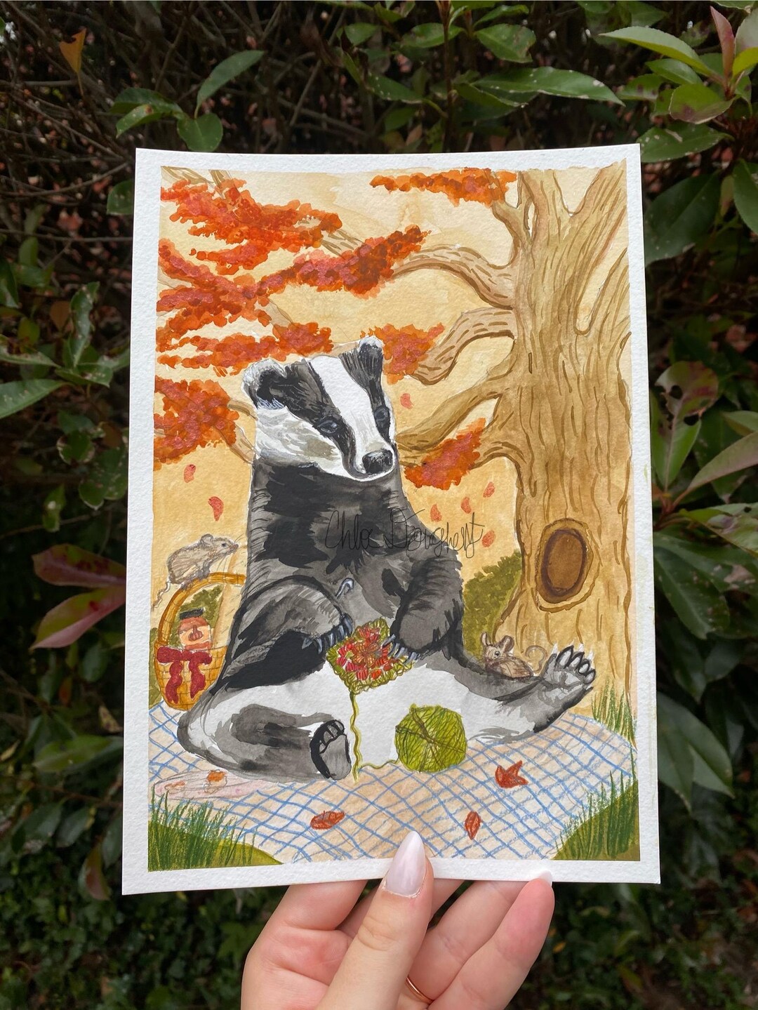 Fall Badger Original Watercolor Painting, Badger Whimsigothic Decor ...