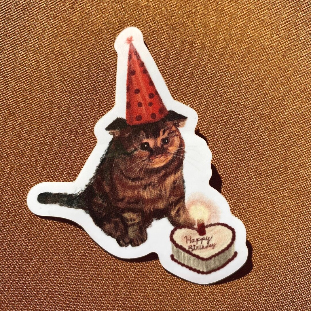 Birthday Cat Sticker, Funny Animal Sticker, Tabby Cat Birthday Gift ...