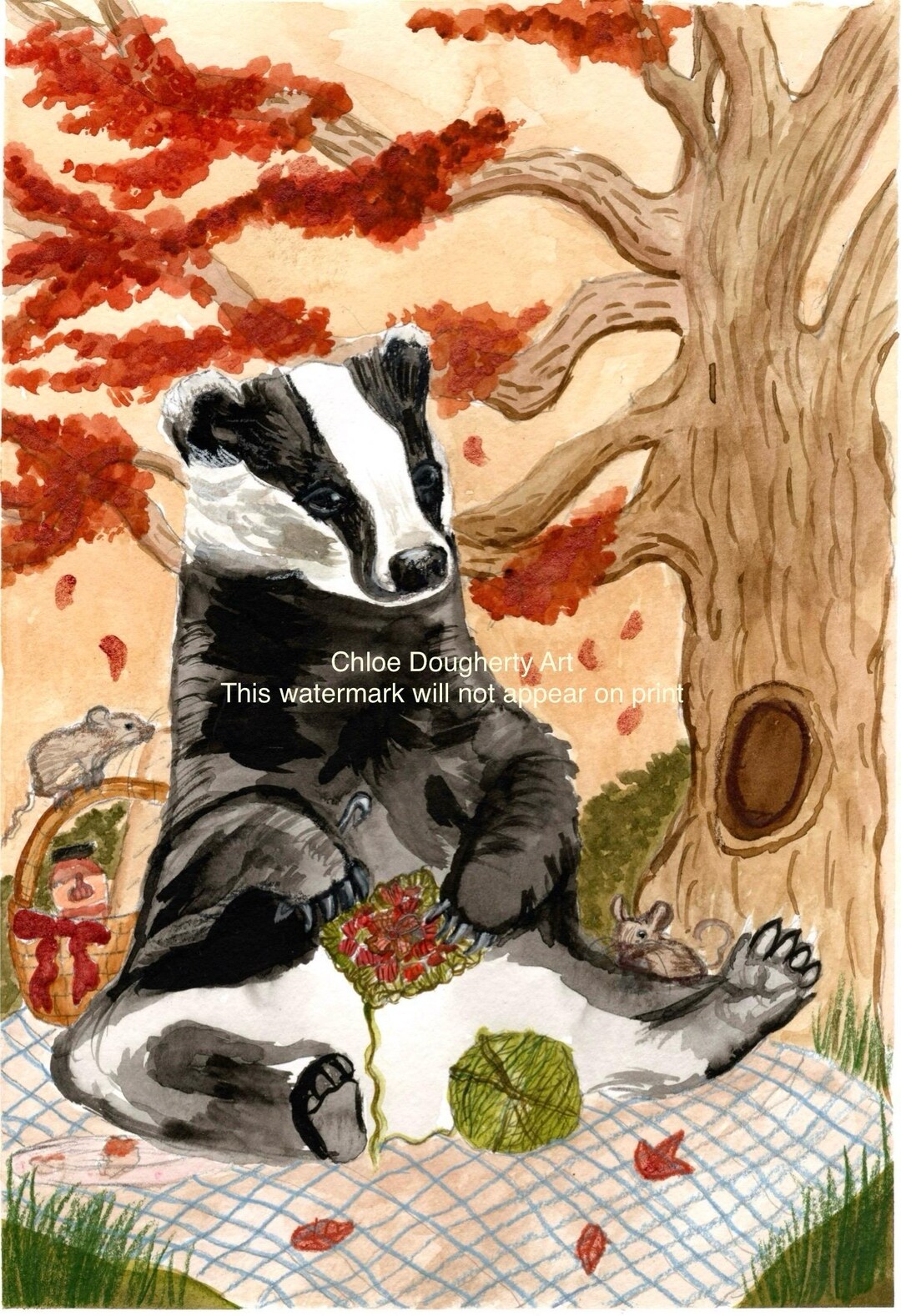 Cottagecore Badger Original Painting, Fall Animal Home Decor, Crochet ...