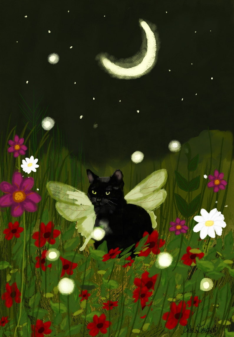 8x10 Black Cat Fairy Art Print Whimsical Fairycore - Etsy