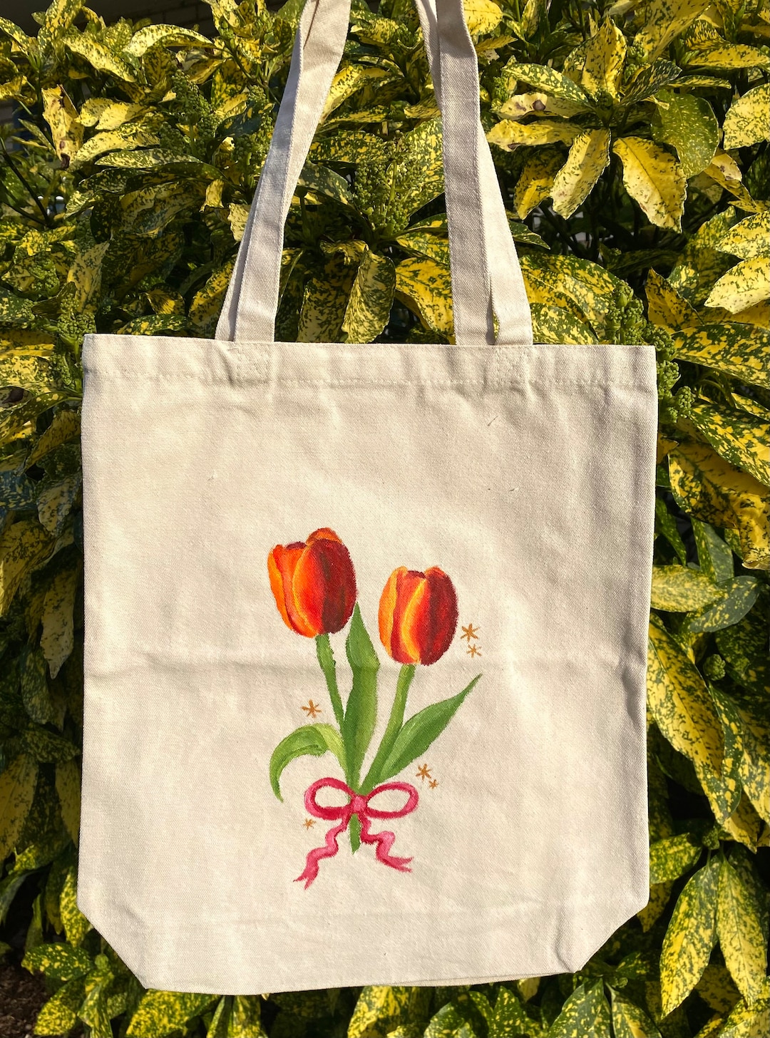 Hand Painted Tulip Bow Tote Bag, Floral Canvas Tote Bag, Spring Bag ...