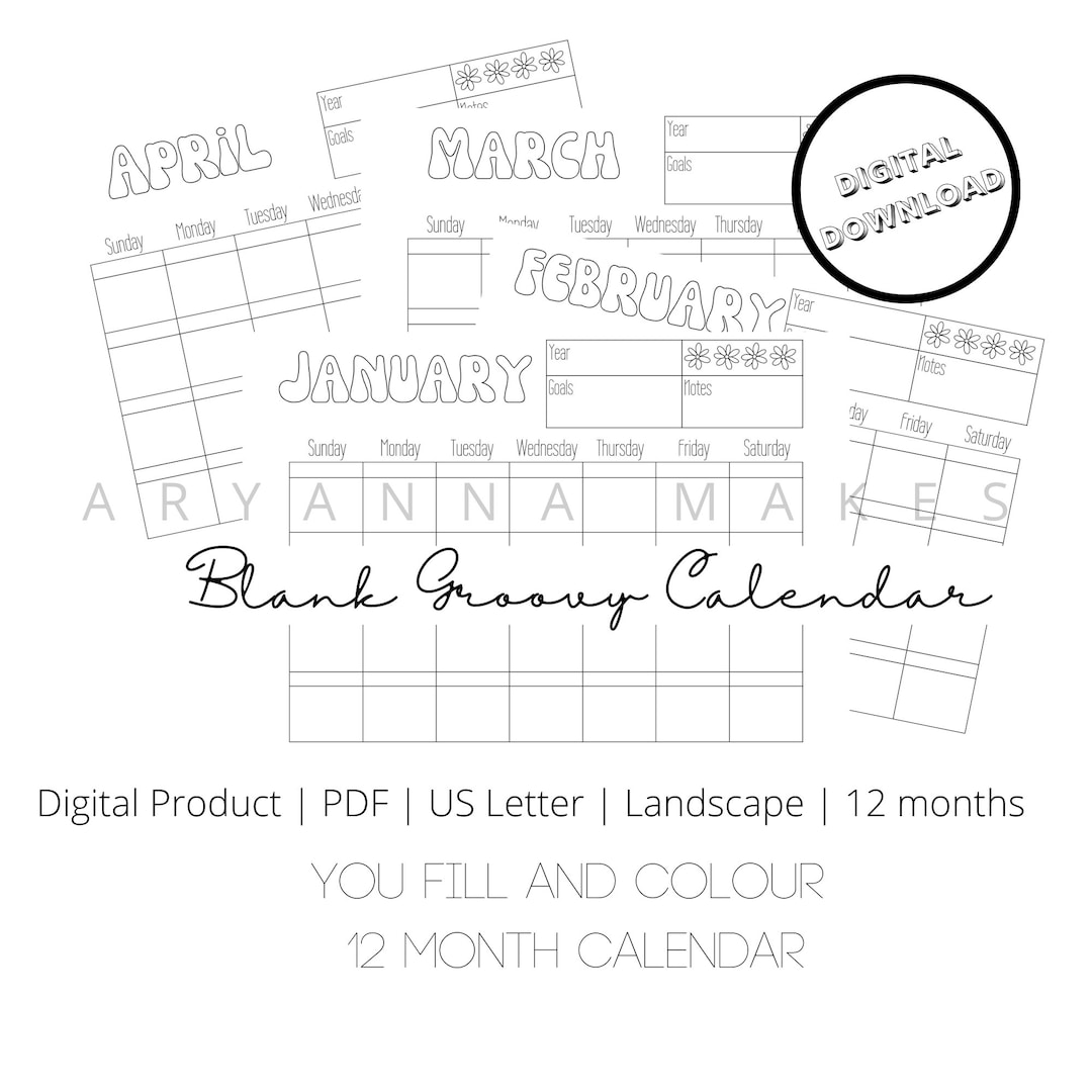 Blank Groovy Calendar, You Fill and Colour [digital Product / Digital ...