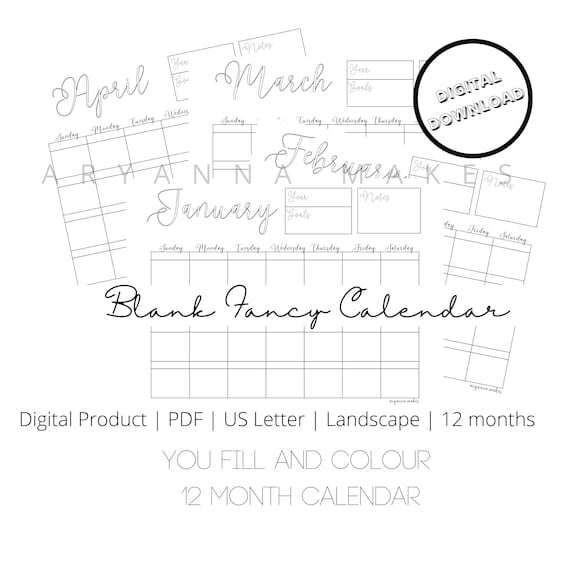 Blank Fancy Calendar You Fill and Colour digital Product / - Etsy