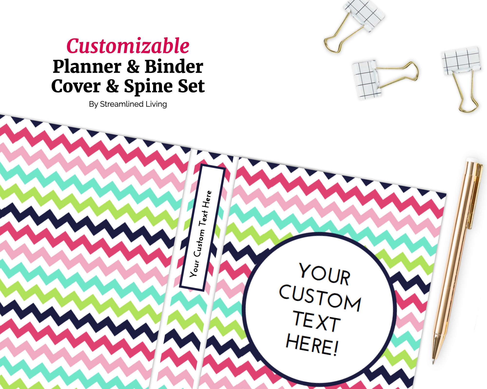 Preppy Printable Planner Covers Spine Label rainbow Chevron - Etsy 日本