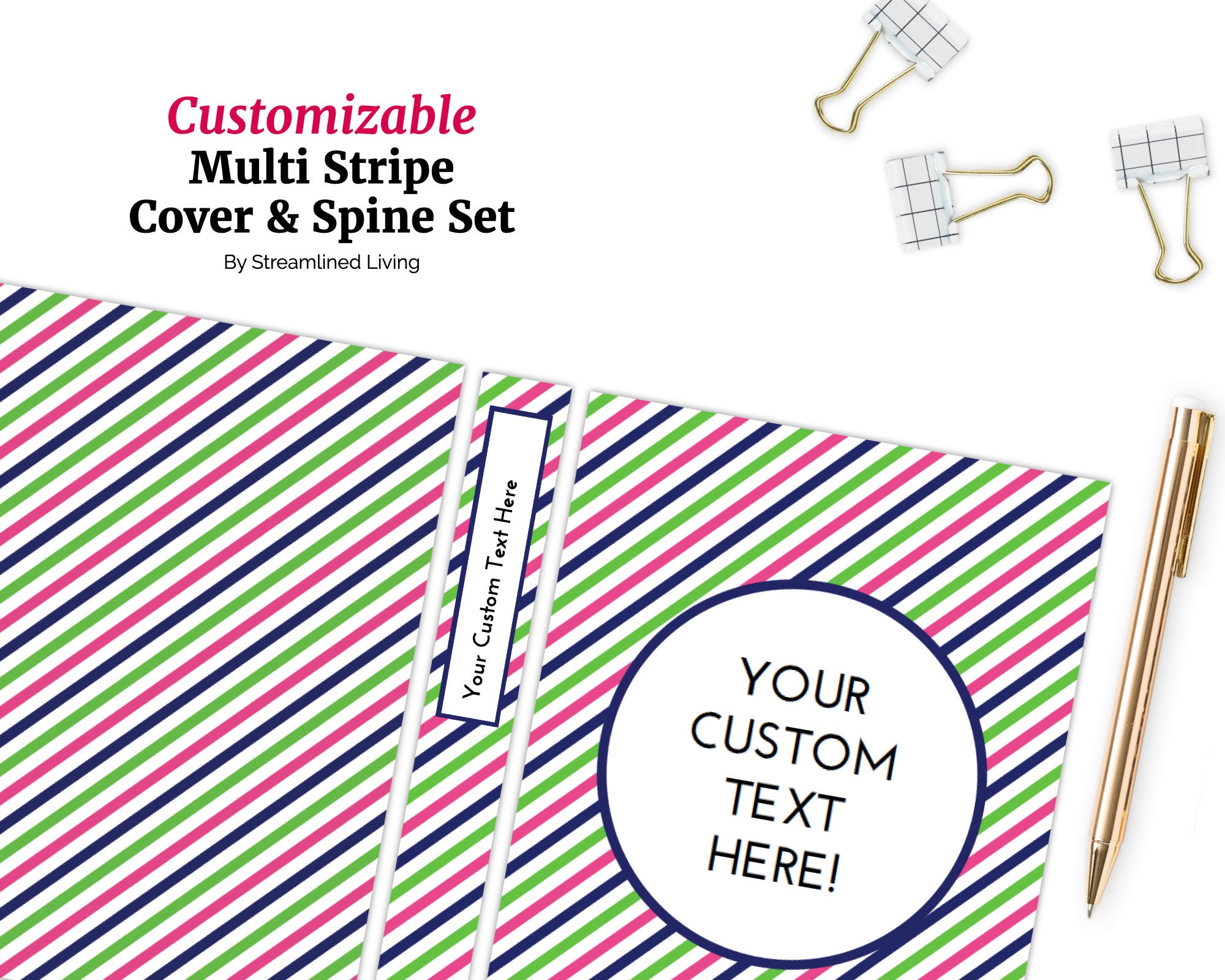 Preppy Printable Planner Covers Spine Label Bright Skinny Stripe ...