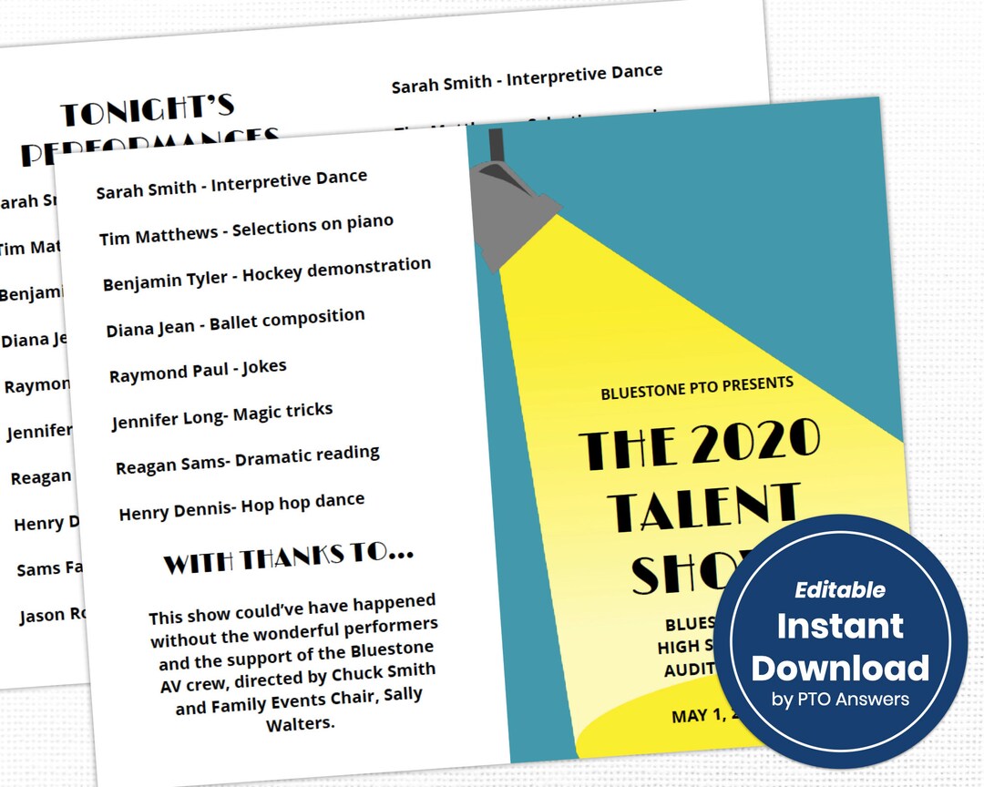 Talent Show Program and Schedule of Events Word and Pages Editable ...