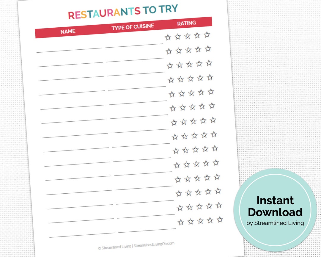 Restaurant Tracker Printable: Rainbow Meal Planning, Rating Chart (PDF ...