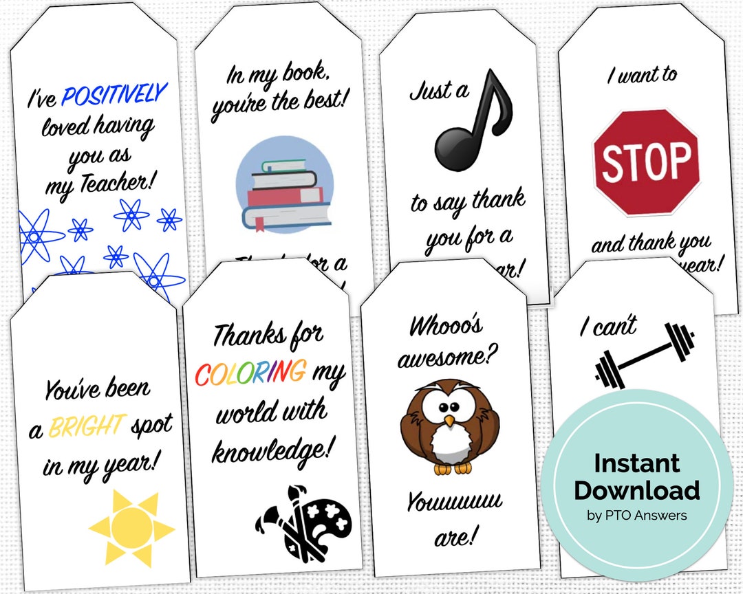 Teacher Appreciation Gift Tags, Printable Punny Thank You Notes (PDF ...