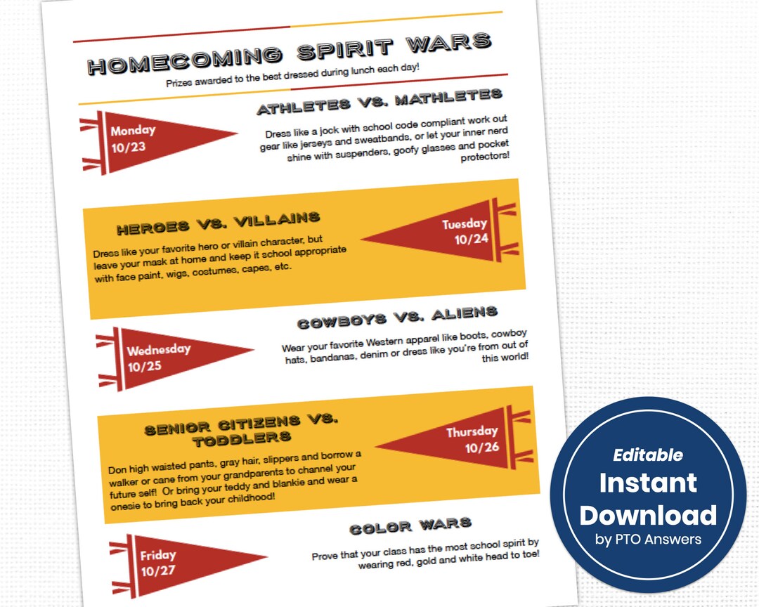 Homecoming Spirit Wars and Spirit Week Fully Editable and Customizable ...