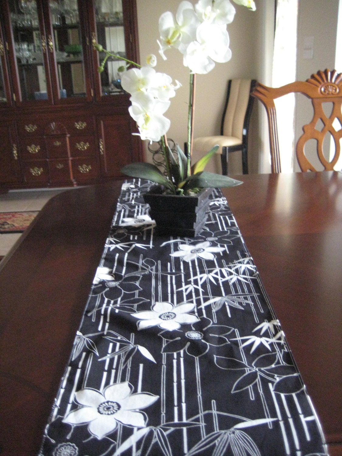 Black and White Tropical Runner, Floral and Bamboo Leaves Table Runner ...