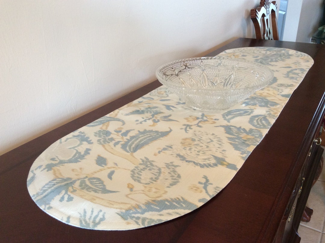 52” Floral Ikat Print Table Runner, Blue, Cream and Gold Floral Ikat ...