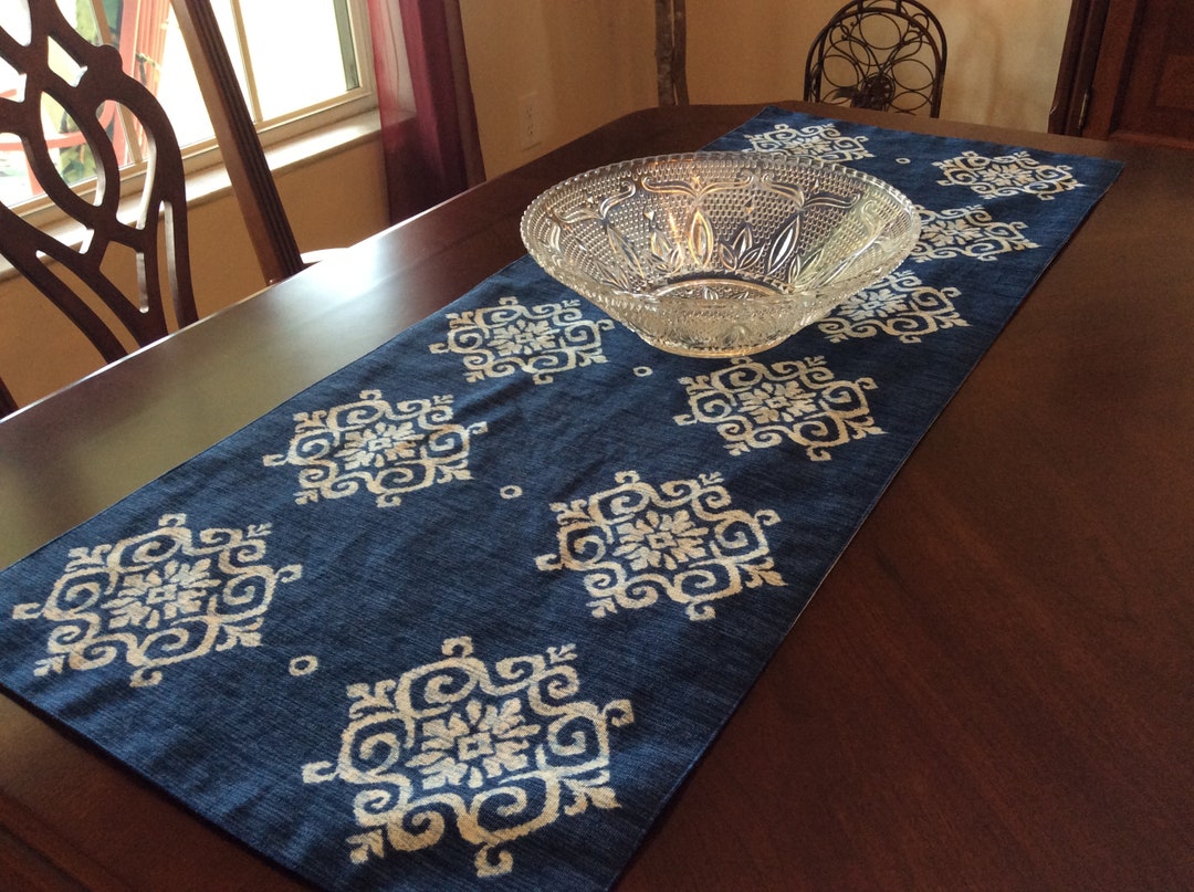 Blue Denim Ikat Table Runner - 40" Table Runner - Denim Dresser Scarf - Buffet Scarf - Lkat ...