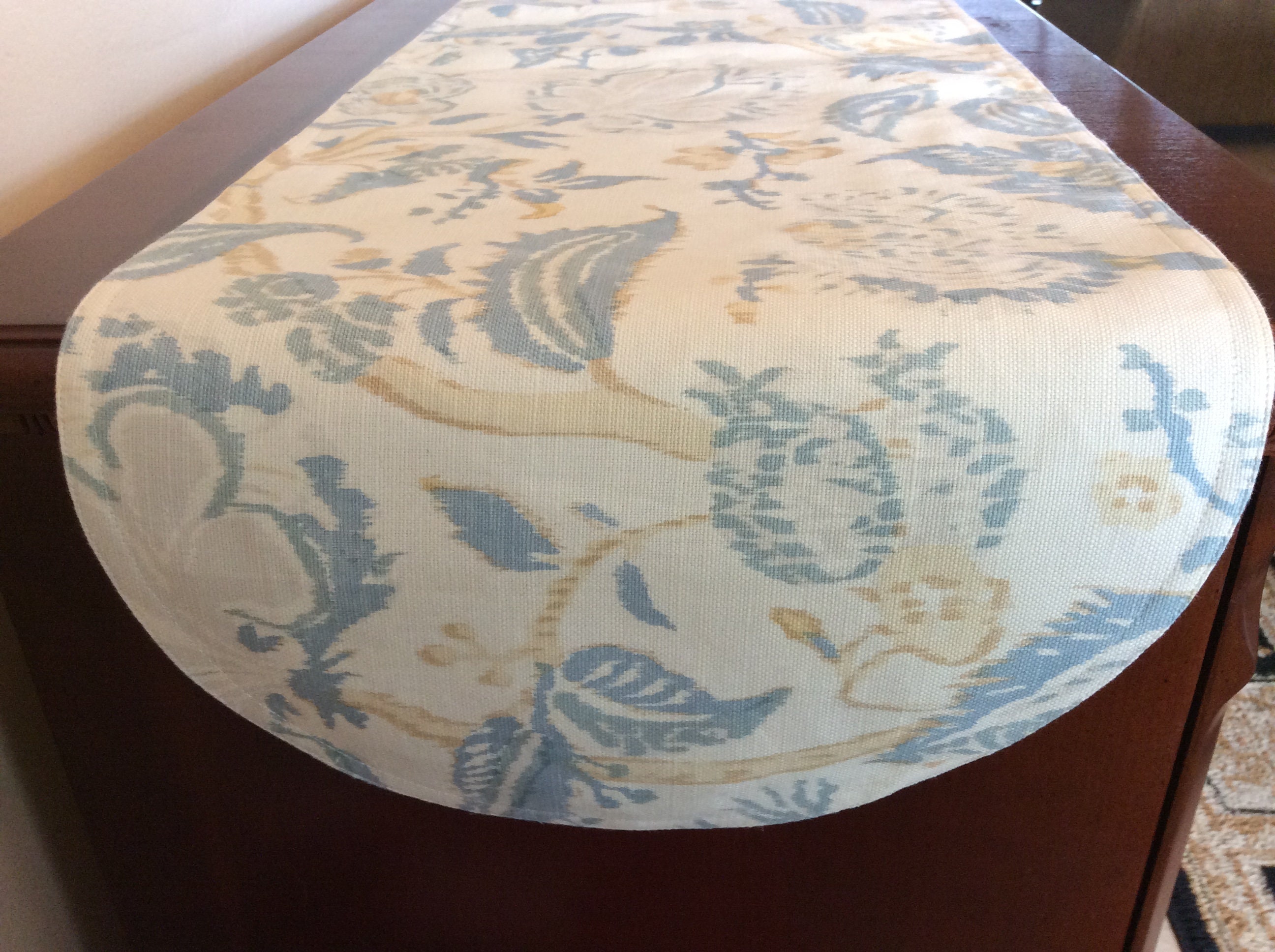 52” Floral Ikat Print Table Runner, Blue, Cream and Gold Floral Ikat ...