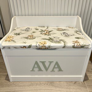 Wooden Personalised Toy Box With Safari Cushion Seat, Soft Close Hinge ...