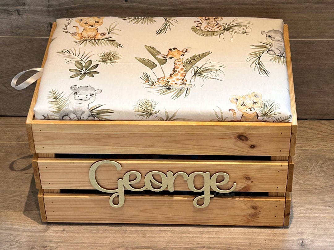 Safari Theme Wooden Toy Box Crate With Cushion Seat - Personalised Kids ...