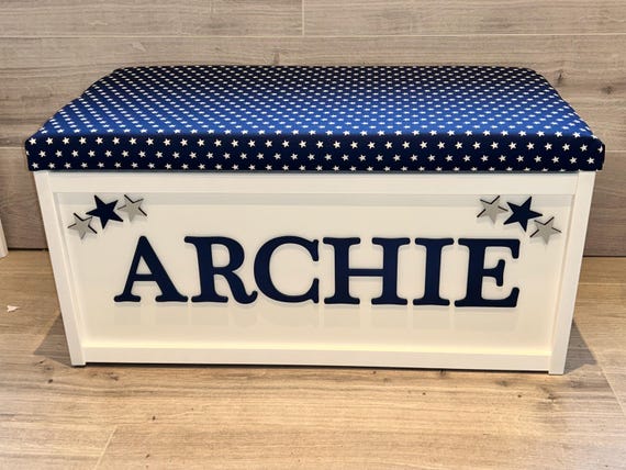 Personalised Toy Box Navy Star Fabric Hand Painted Wooden Letters Cushion Top Removable Lid 1st Birthday Gift Christening Gift Kids Etsy UK