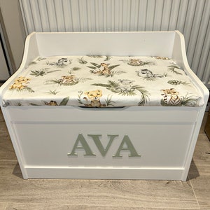 Wooden Personalised Toy Box With Safari Cushion Seat, Soft Close Hinge ...