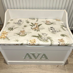 Wooden Personalised Toy Box With Safari Cushion Seat, Soft Close Hinge ...