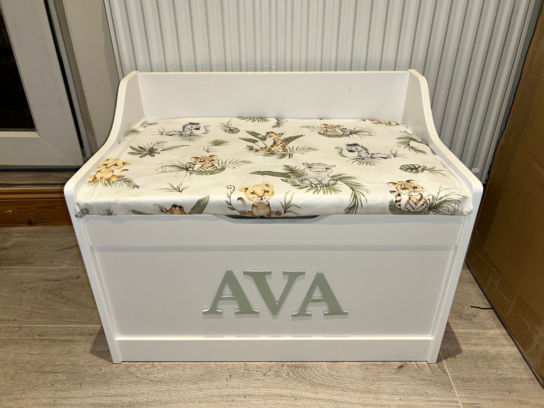 Wooden Personalised Toy Box With Safari Cushion Seat, Soft Close Hinge ...
