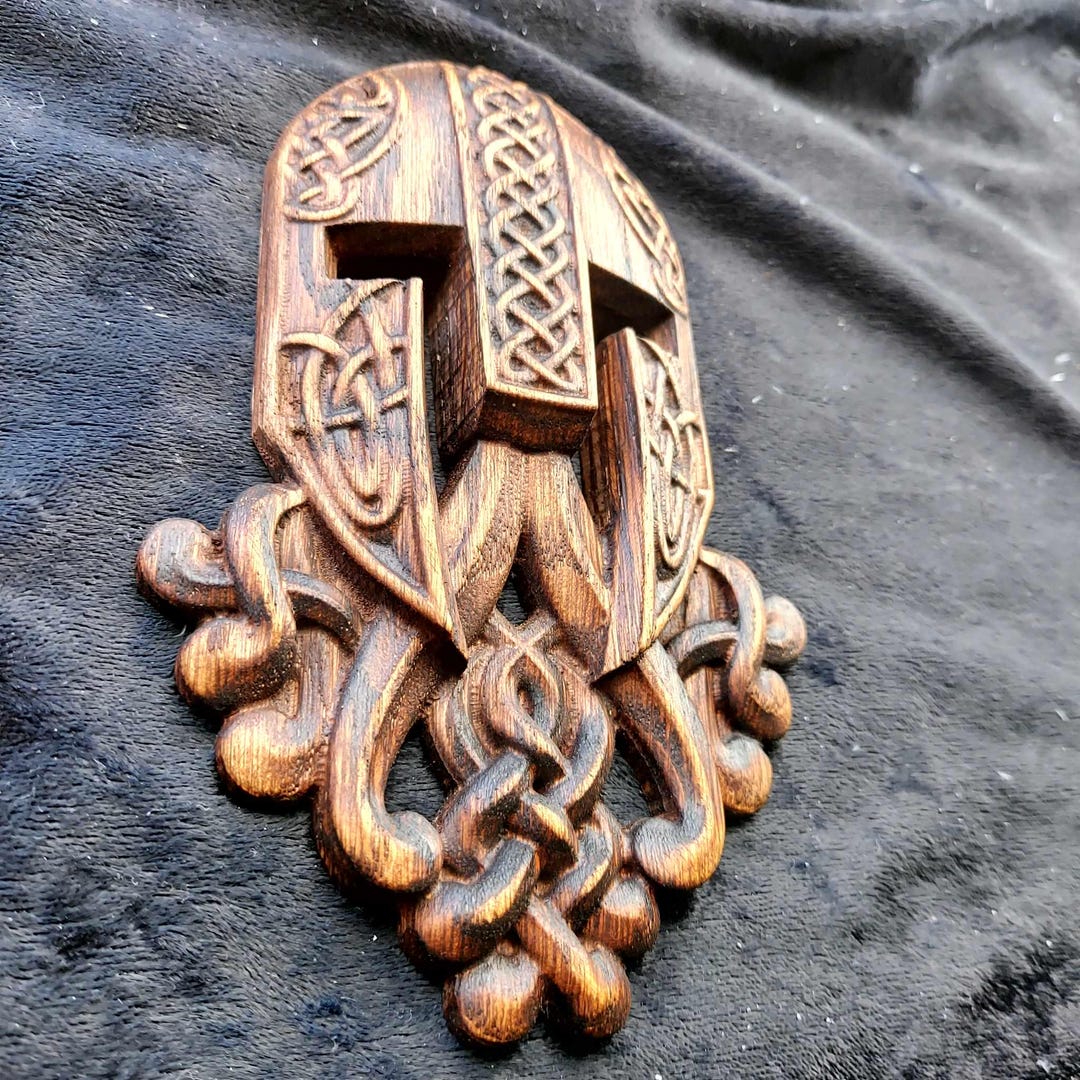 Viking Celtic Wood Carving Mask Odin Thor Norse Pagan Onlay Helmet ...