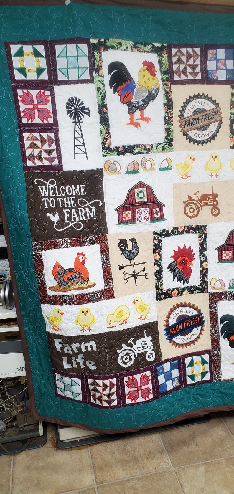 Homemade Country Farm, Tractor, Barn, Chickens, Eggs, Embroidered Art ...