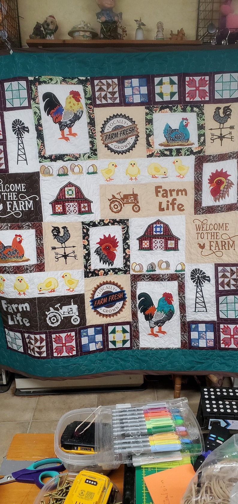 Homemade Country Farm, Tractor, Barn, Chickens, Eggs, Embroidered Art ...