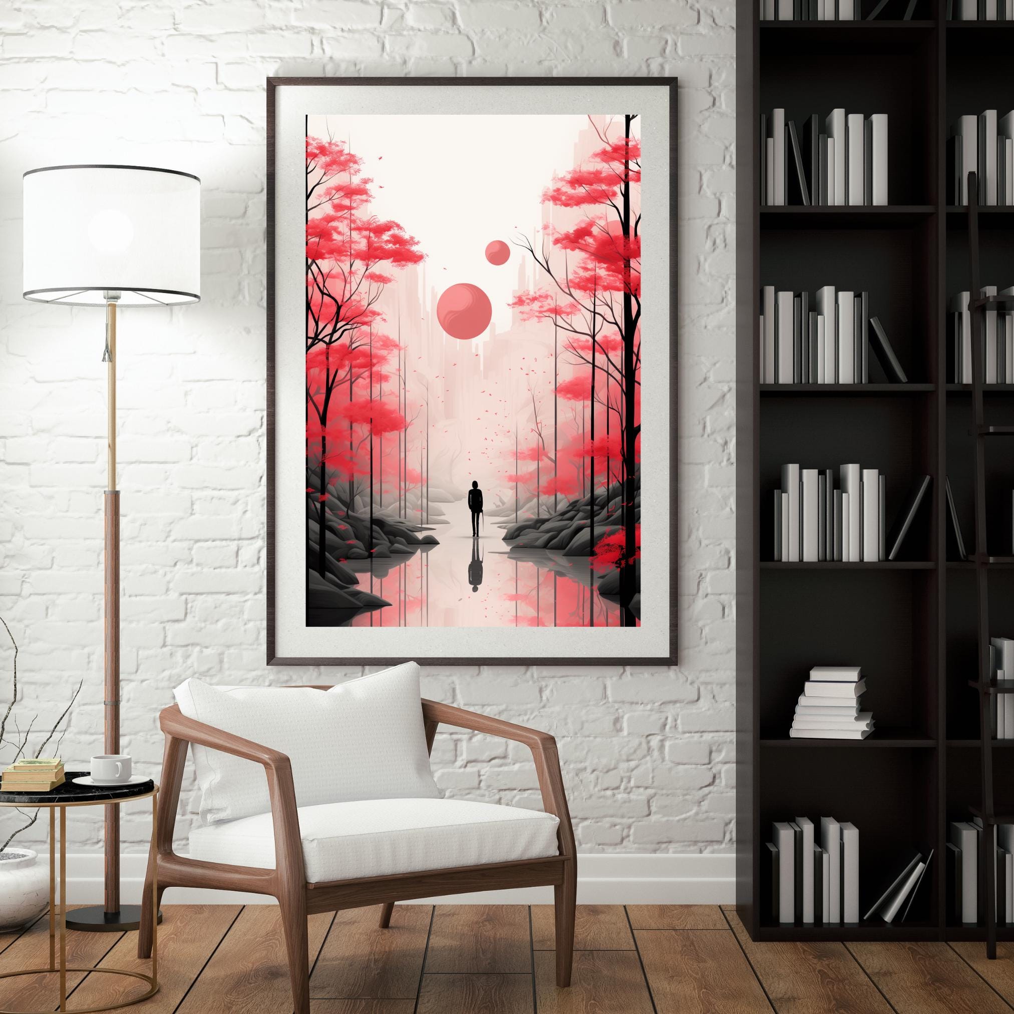 Graphic Design-inspired Woodland Photo Art: Taupe & Cerise (red) Spring ...