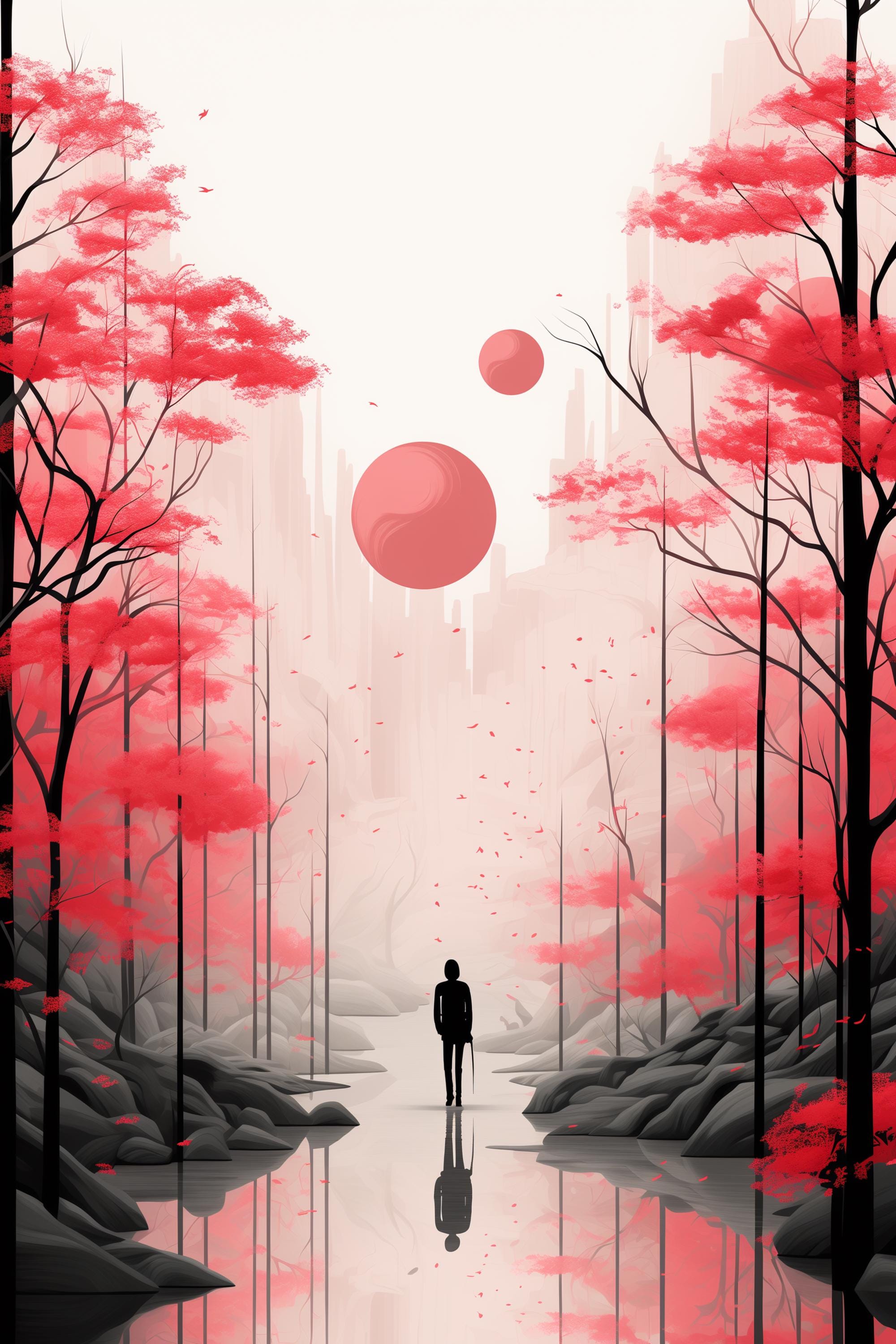 Graphic Design-inspired Woodland Photo Art: Taupe & Cerise (red) Spring ...