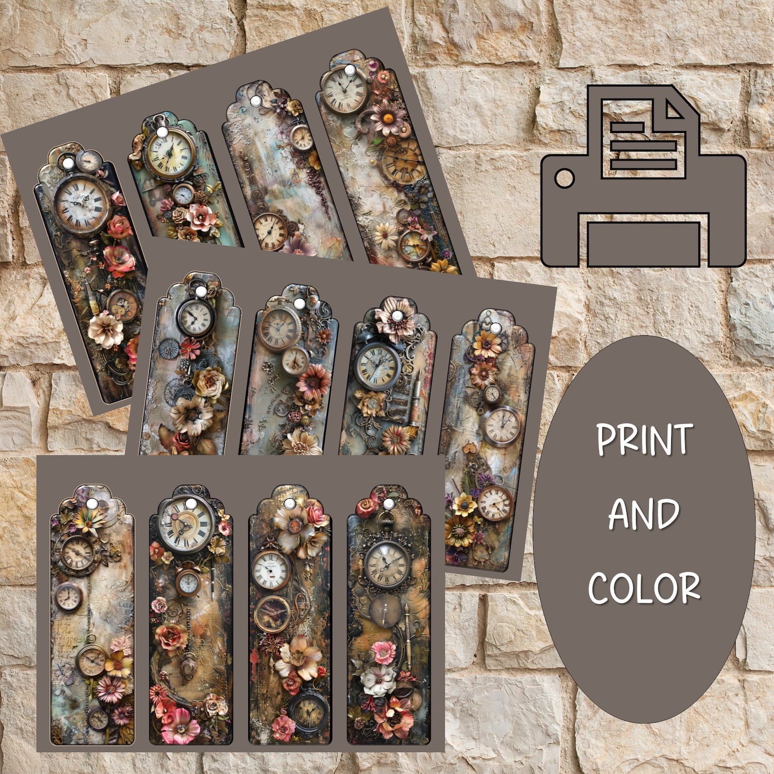 3D Vintage Clocks and Flowers Printable Bookmarks Bundle, Set of 12 PNG ...
