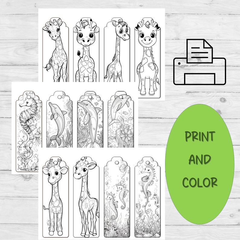 12 Print and Color Bookmarks - Giraffes, Dolphins and Undersea Scenes ...