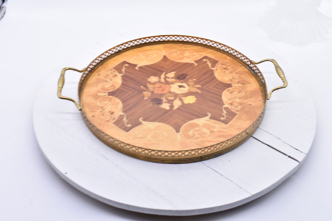 Vintage Italian Made Brass Framed Inlaid Wood Floral Serving Tray Small ...
