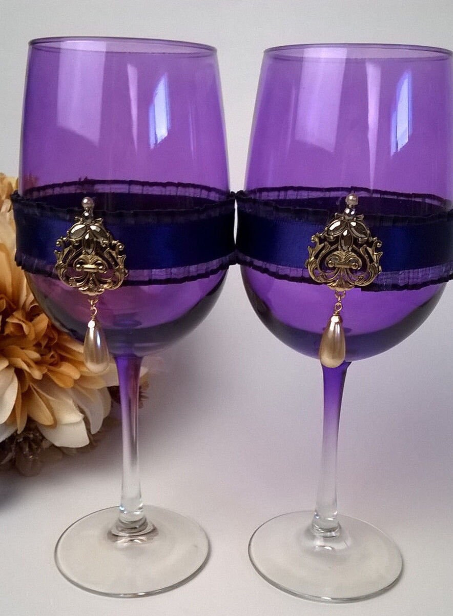Purple Wine glasses Set of 2 Stemmed Elegant Wine Glasses | Etsy
