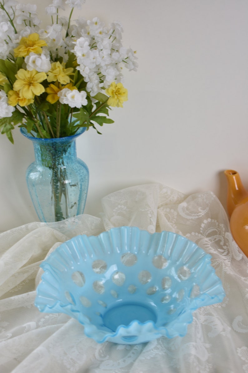 Vintage Fenton Turquoise Blue Ruffled Edge Glass Bowl Blue - Etsy