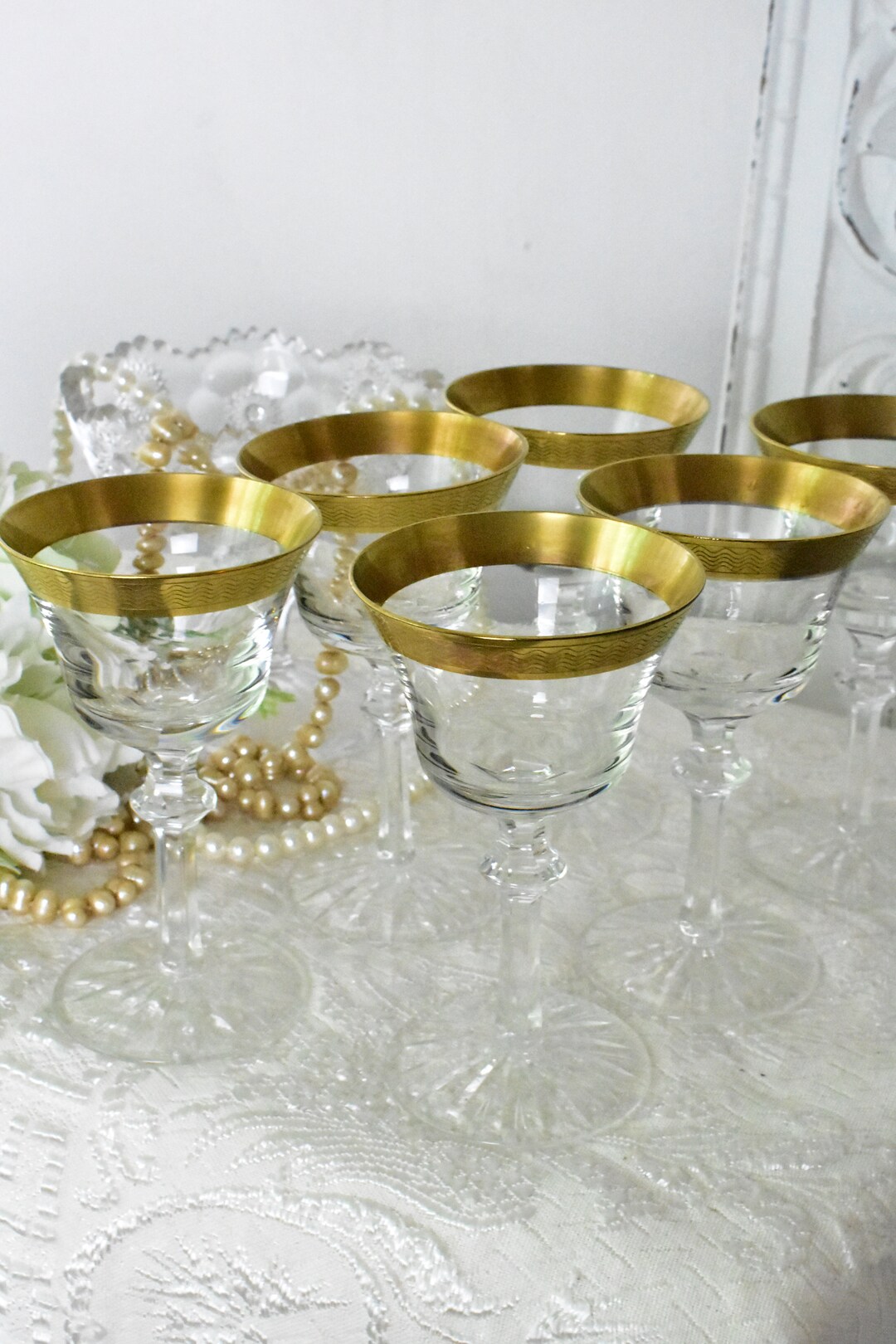 Set of 6 Vintage Champagne Stemware Crystal Glasses, Gold Encrusted ...