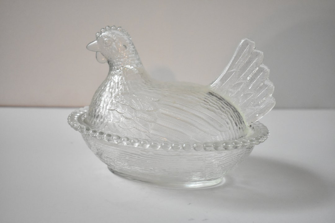 Vintage Glass Covered Dish Hen, Beautiful Clear Glass Sitting Chicken ...