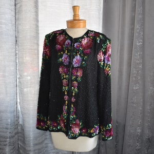 Jacket Black Silk Rose Floral Sequins - Etsy
