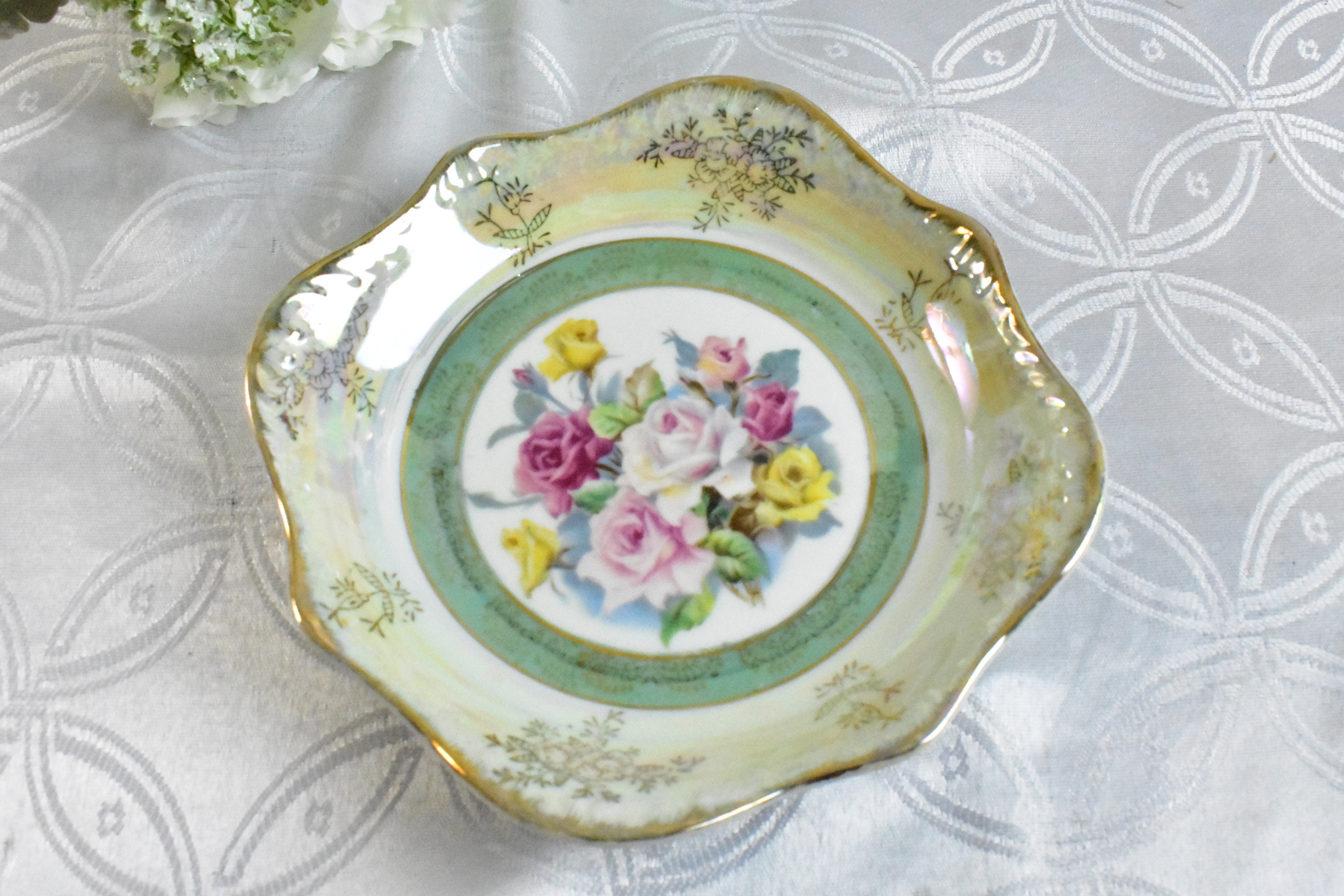 Lusterware Porcelain Roses Design Gold Trimmed Plate, Japan, Hand ...