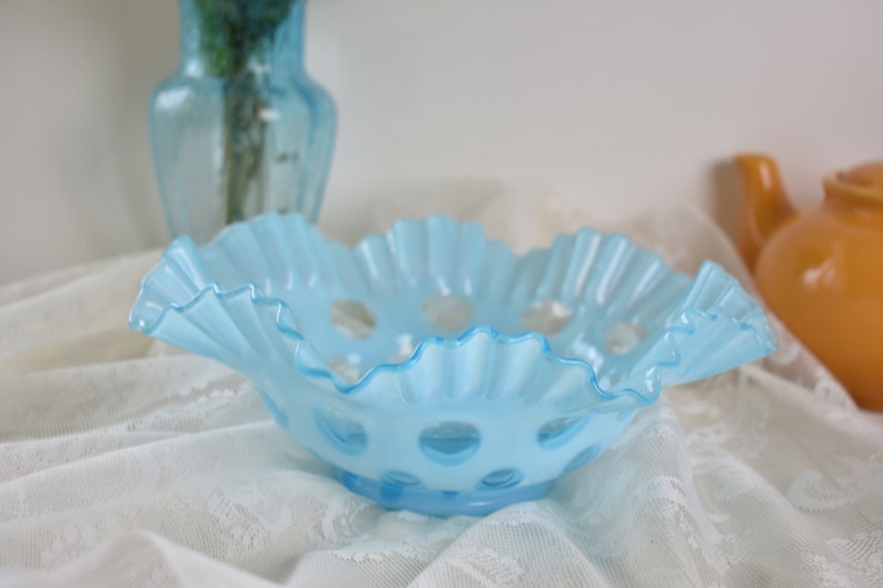 Vintage Fenton Turquoise Blue Ruffled Edge Glass Bowl Blue - Etsy