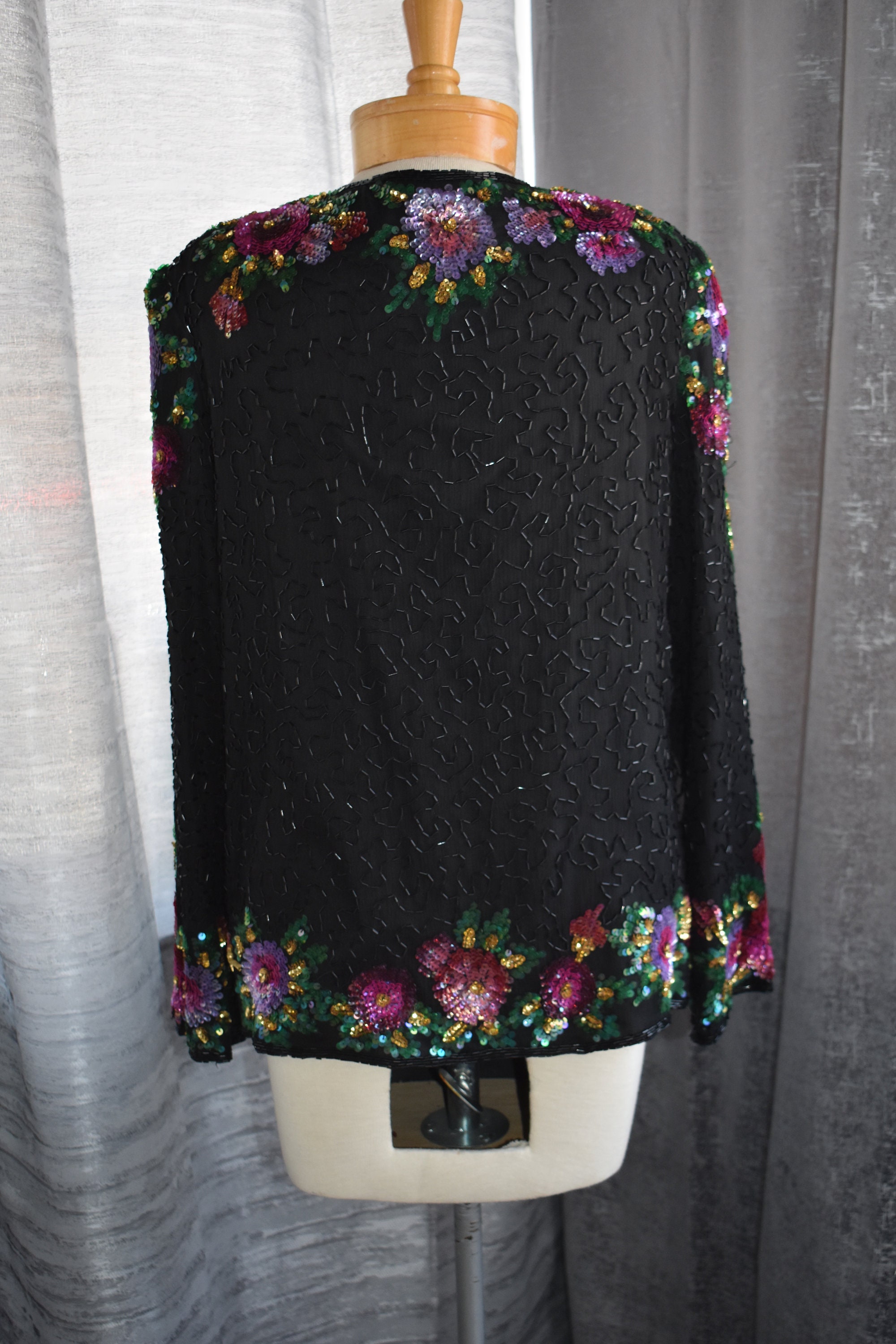 Jacket Black Silk Rose Floral Sequins - Etsy
