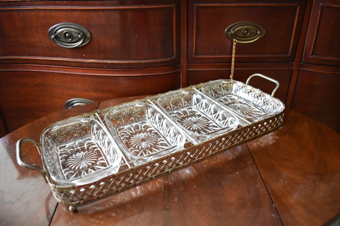 Vintage FRANCE Relish Tray Silver Plate Stand, Glass Trays ...