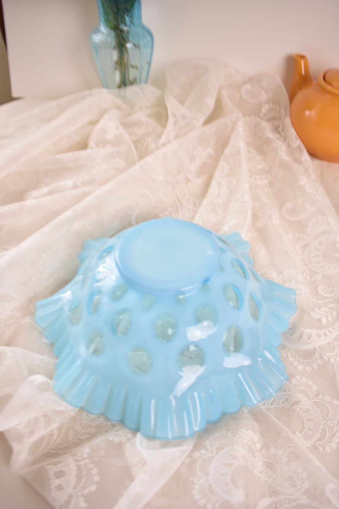 Vintage Fenton Turquoise Blue Ruffled Edge Glass Bowl Blue | Etsy