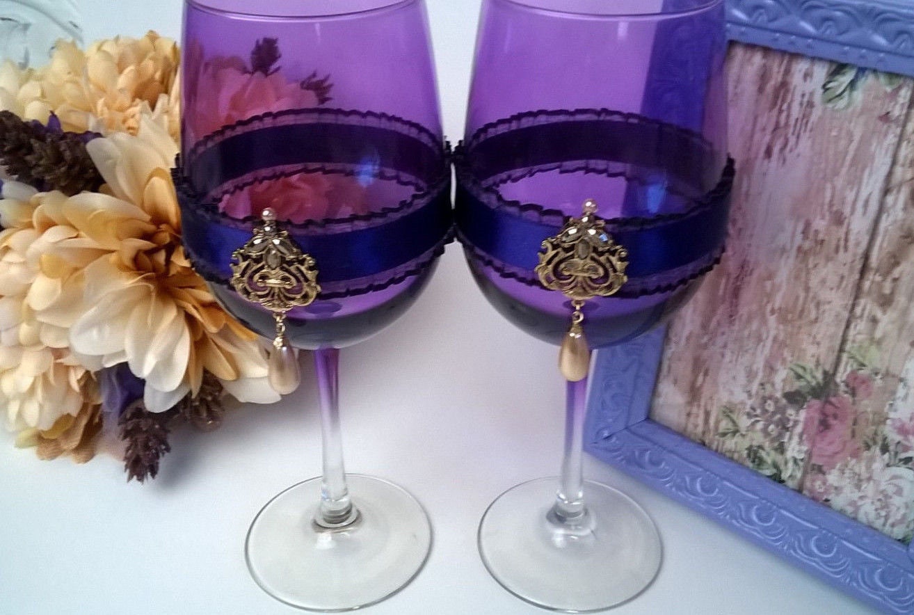 Purple Wine glasses Set of 2 Stemmed Elegant Wine Glasses | Etsy