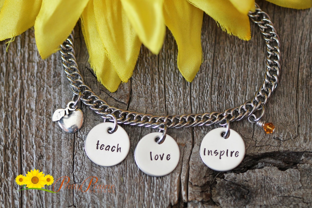 Teach Love Inspire Stainless Charm Bracelet, Student Teacher Gift ...